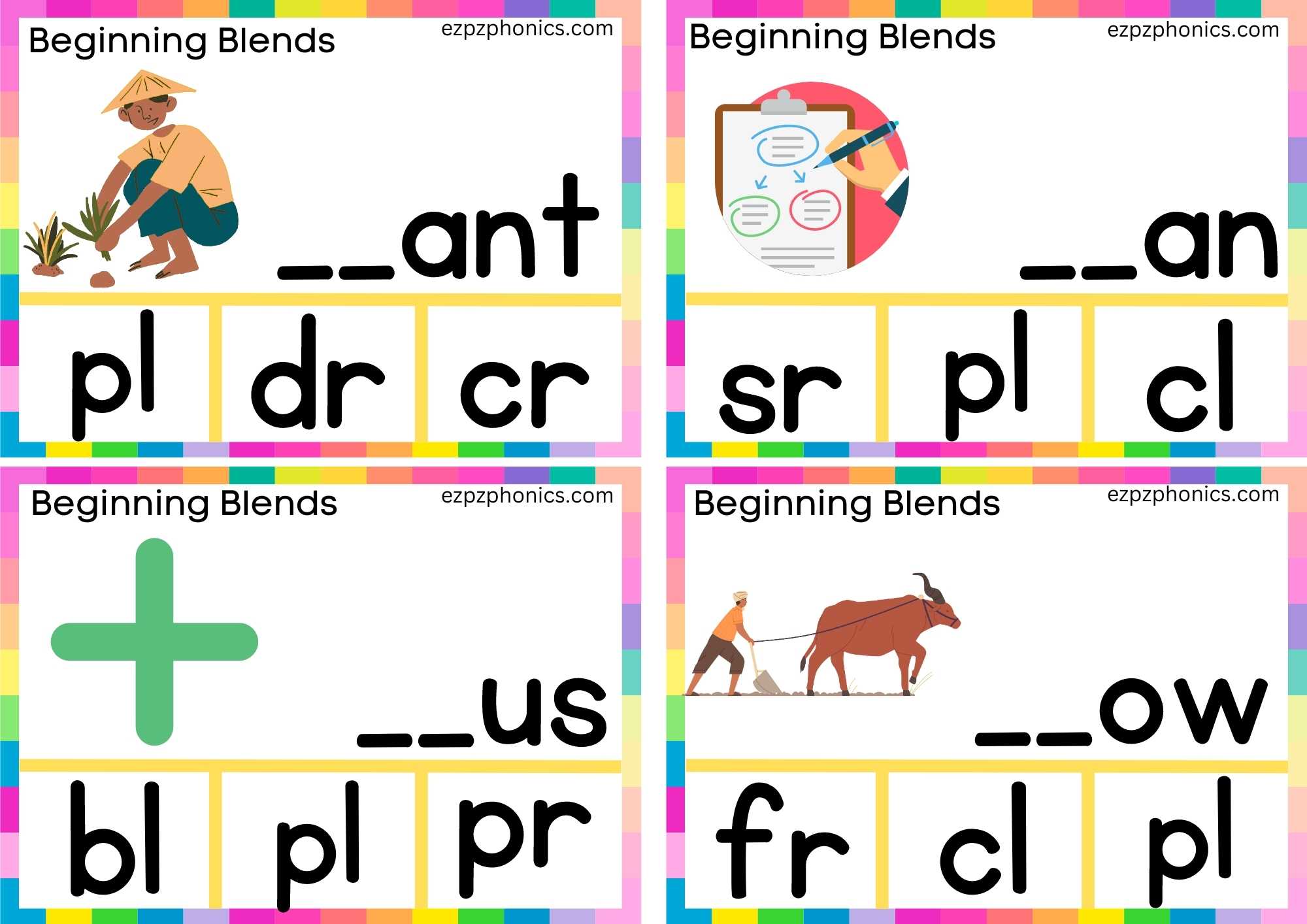 PL Beginning Blends Clip Cards Finish The Words And Clip The Correct Letters Set 2 - ezpzphonics.com
